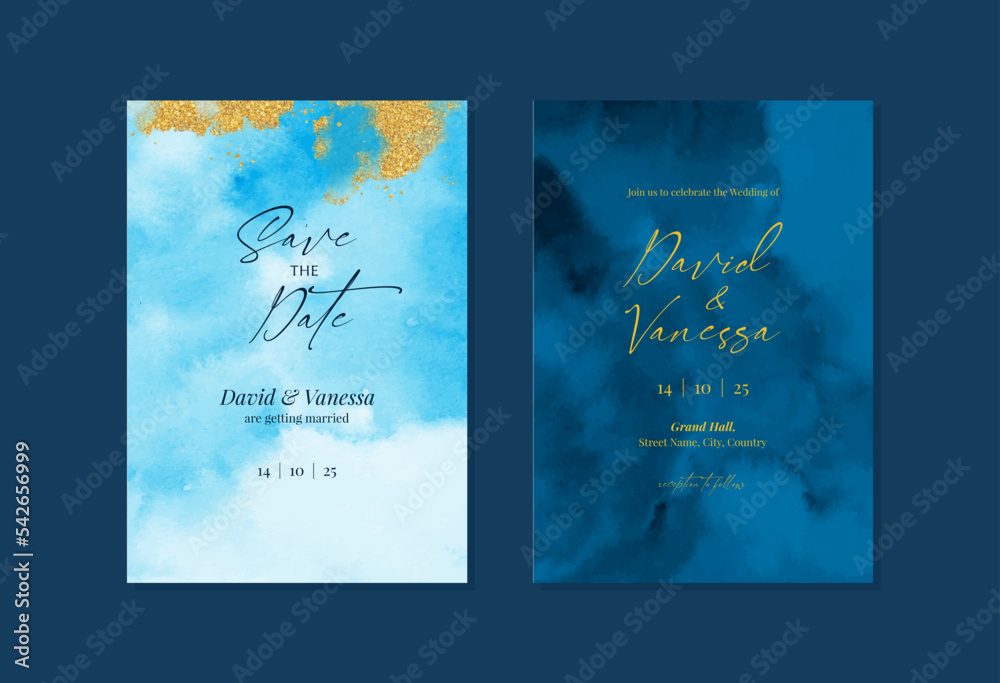 Watercolor blue wedding invitation card template design Stock Vector ...