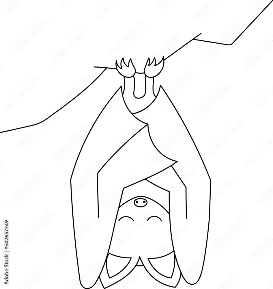 Cute coloring page for kids with cartoon sleeping bat. Cartoon vector ...