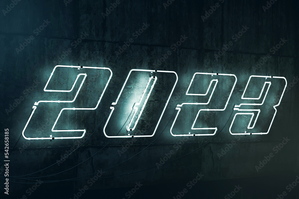 The number 2023 is a neon lamp made from 3d render. New Year's Eve ...
