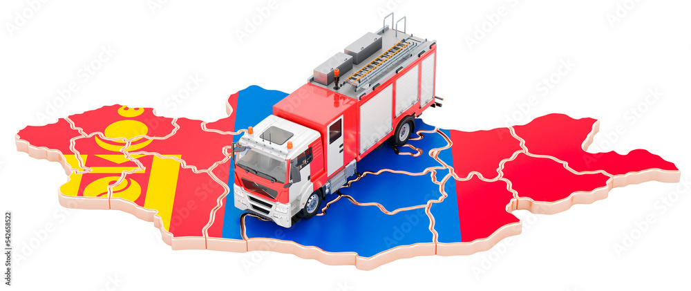 Fire department in Mongolia. Fire engine truck on the Mongolian map. 3D ...