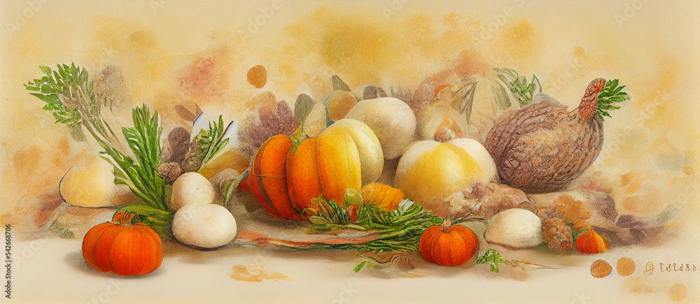 Watercolor drawing of food for Thanksgiving, painting illustration of ...