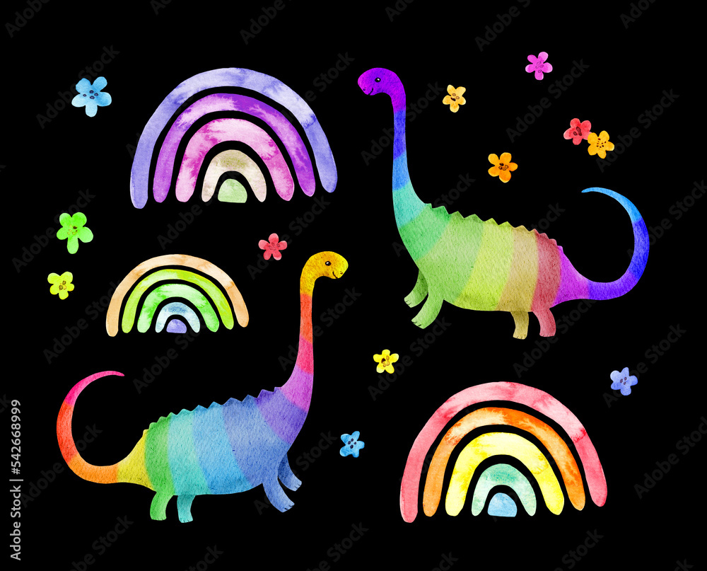 Rainbow color dinosaurs with rainbows and flowers set. Happy cartoon ...