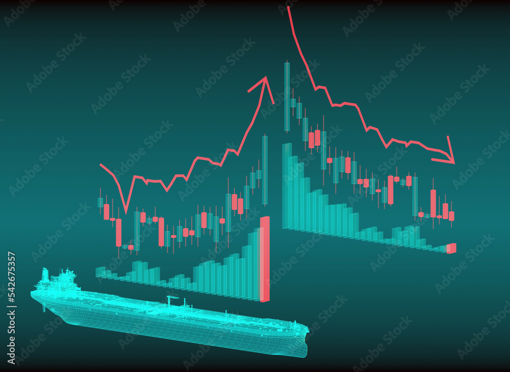 Ascending and descending chart against the background of tanker schemes ...