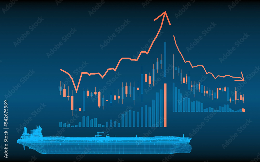 Ascending and descending chart against the background of tanker schemes ...
