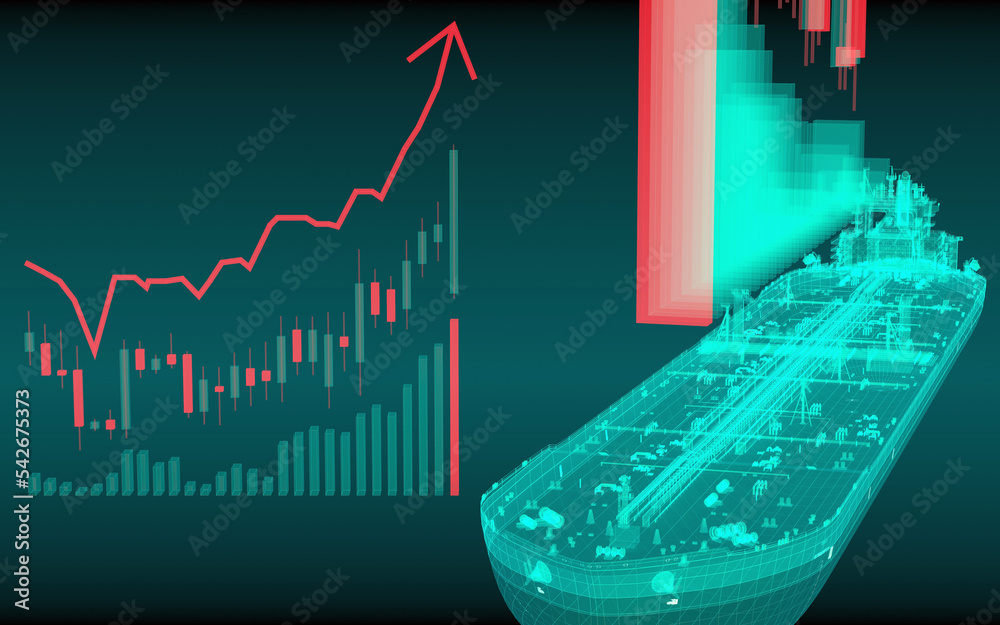 Ascending chart against the background of the tanker ship schematics ...