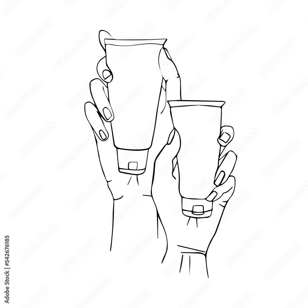 Line art of male and female hands holding hand creams. Doodle ...