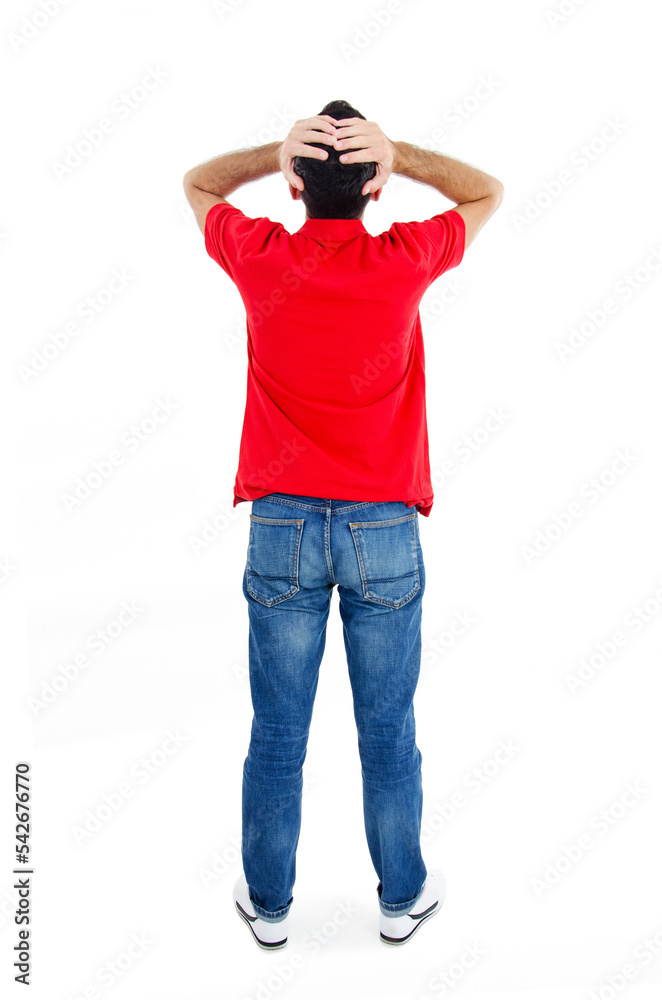 Back view of young man standing with hands on head. Isolated on white ...