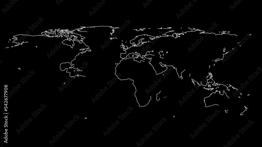 2D animation of the outline world map isolated on a black background ...