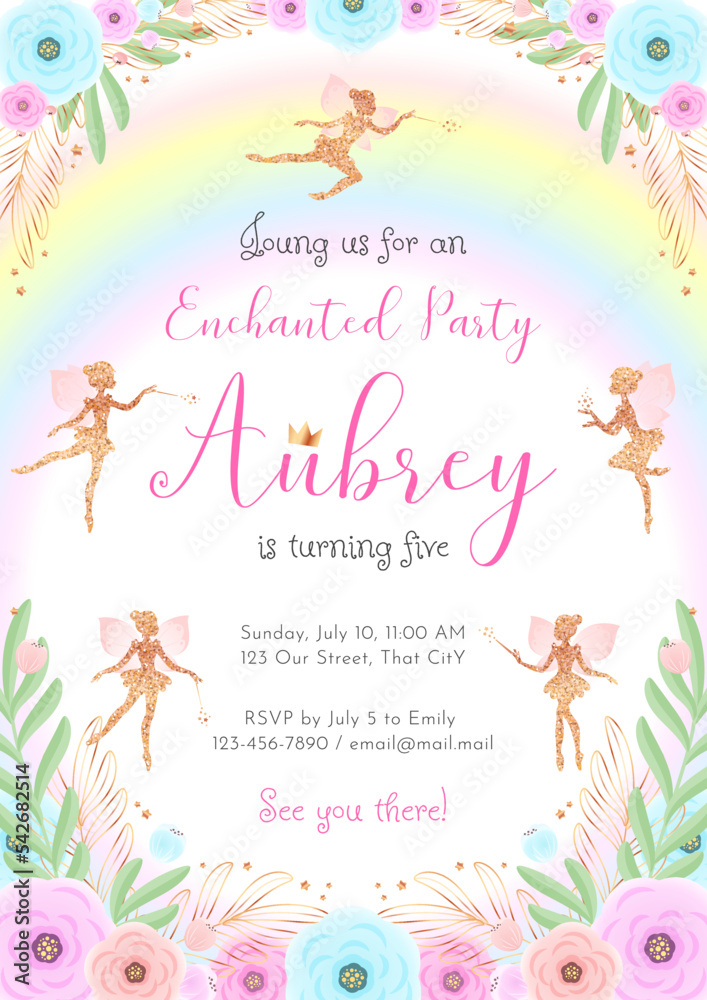 Fairy birthday party invitation template. Gold sparkling silhouette of ...