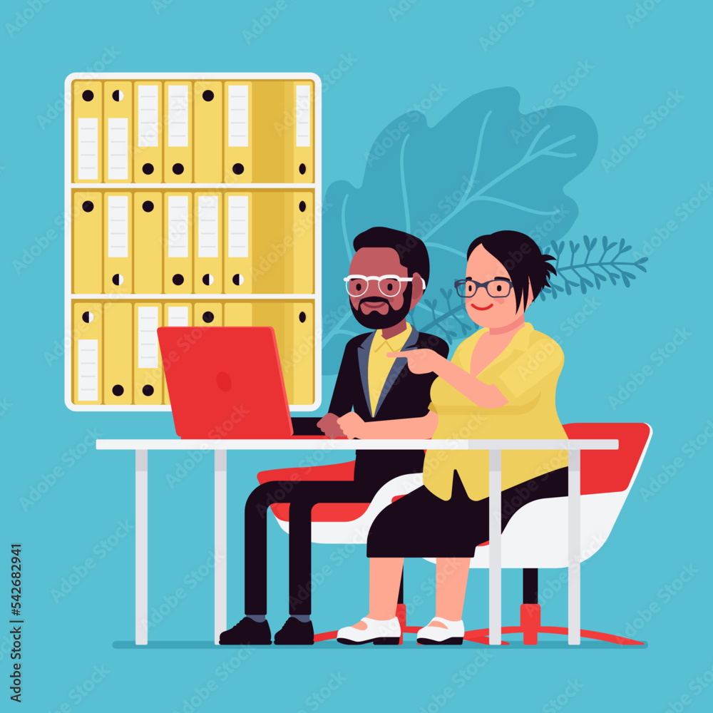 Office room interior, man, woman in business workplace. Digital sphere ...