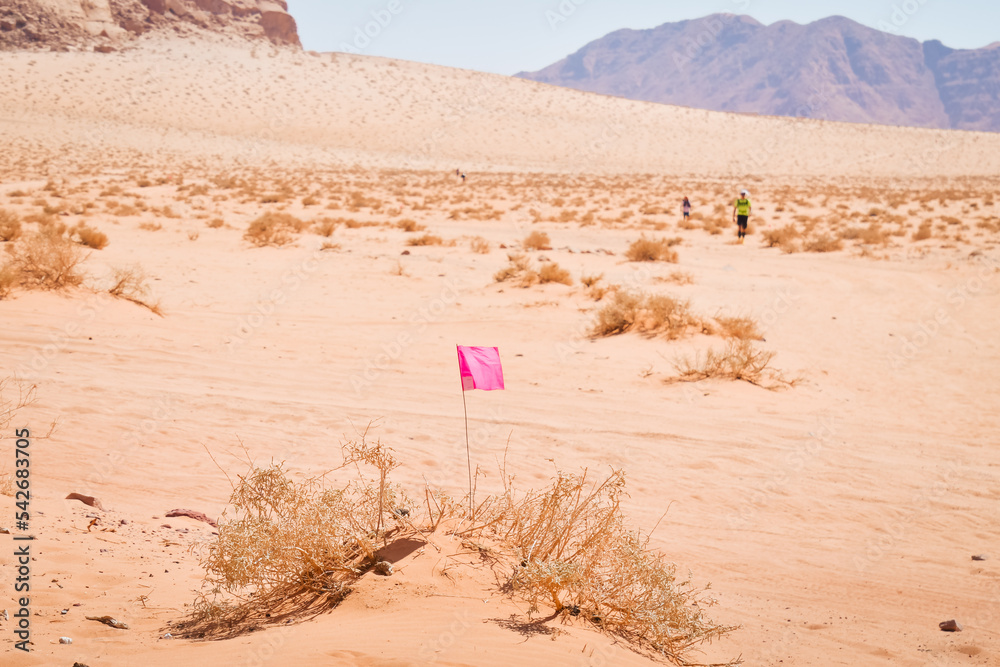 Wadi rum, Jordan - 5th October, 2022: flag and Athlete competitors fast ...