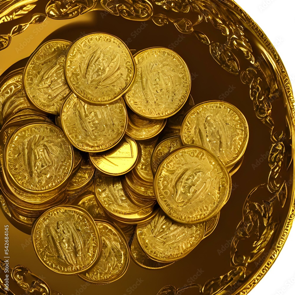 Gold coins in bowel, tray or in drum showing that how much largest the ...