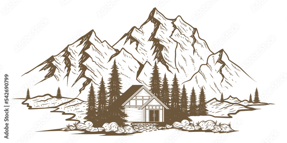 Cabin vector design. log cabin illustration in mountain and forest ...