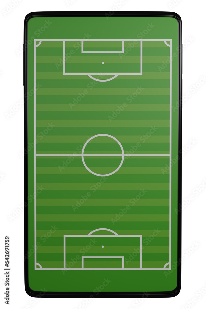 Smartphone with soccer field on screen isolated. 2022 World cup at ...
