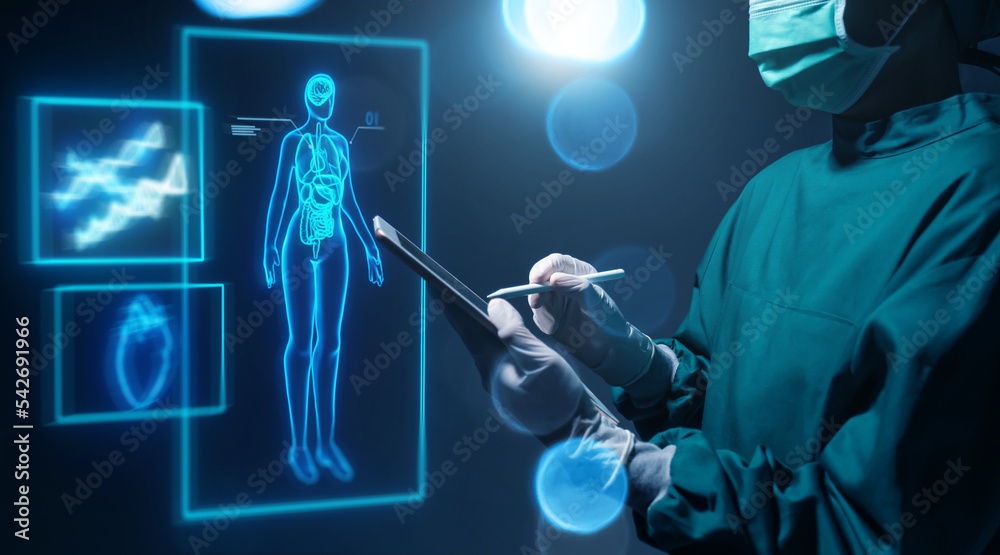 Foto de Doctor specialist surgeon using computer tablet pad human body ...