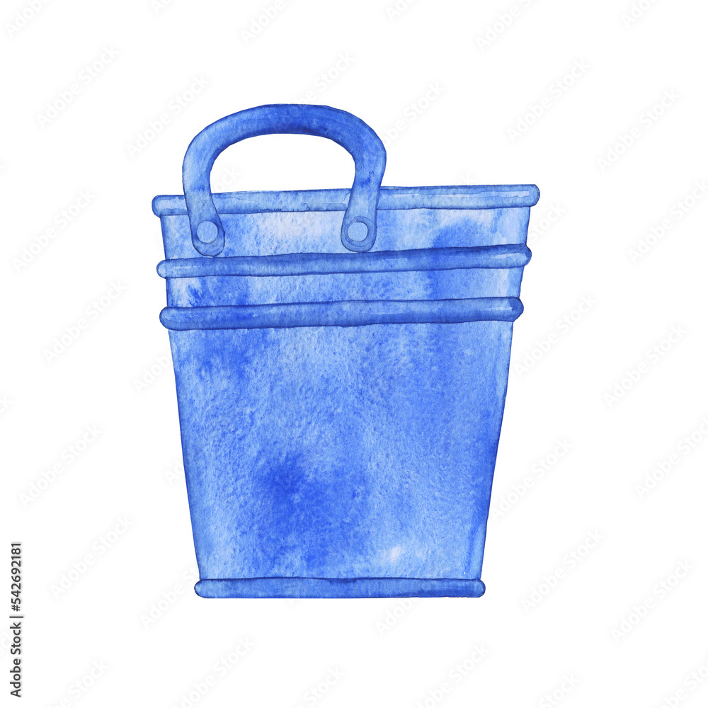 Watercolor metal garden bucket. Blue bucket isolated on white ...