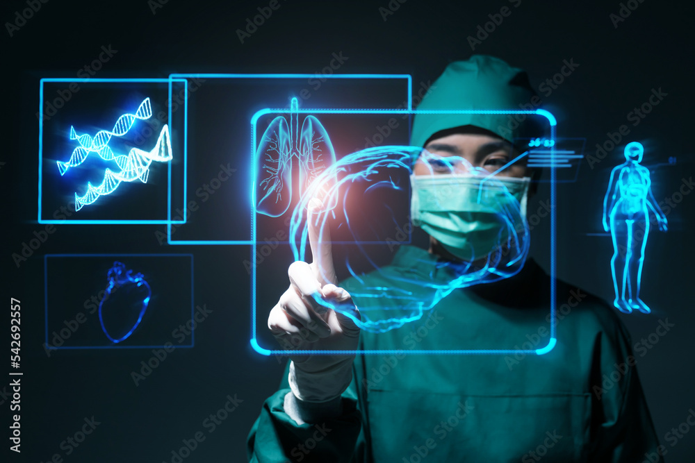 Female asian doctor specialist brain surgeon using computer holographic ...
