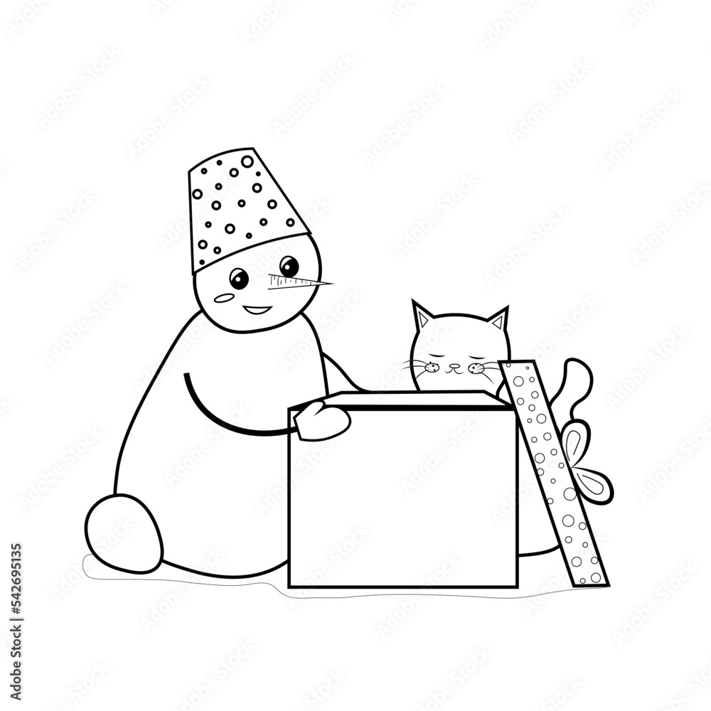 snowman and cat coloring page, children's coloring page, winter ...