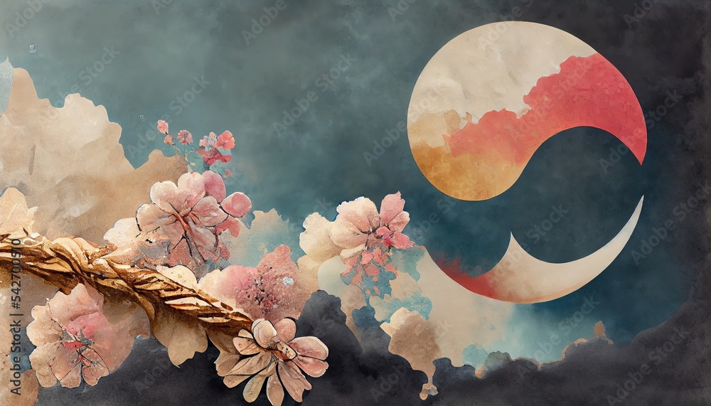Japanese background with moon and sun with watercolor texture 3d ...