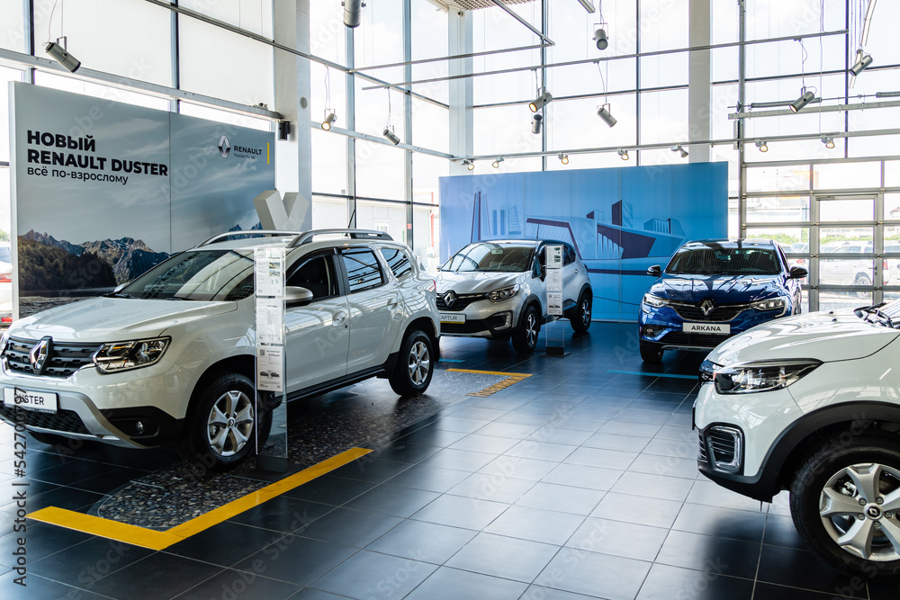 Renault cars of various modifications and colors in the showroom of the ...