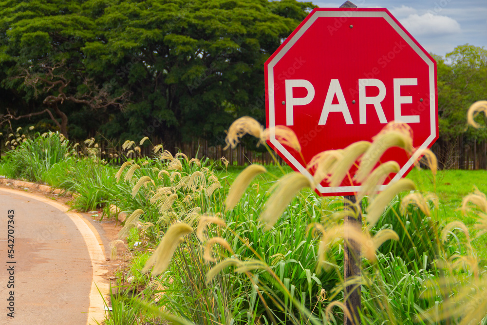 Close Em Placa De Sinalização Em Beira De Estrada Que Está Entre Capim