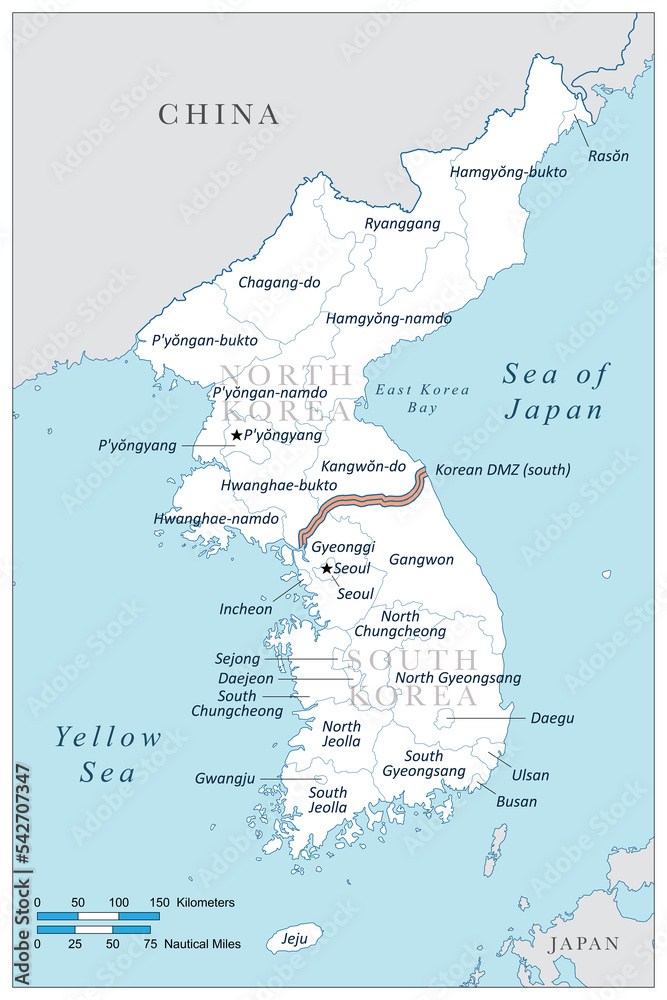 Colorful map of North and South Korea. Stock Illustration | Adobe Stock
