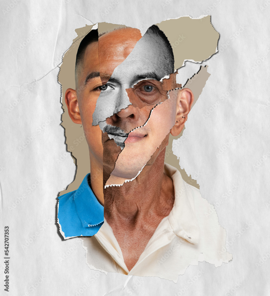 Contemporary art collage. Modern design. Male face made from different ...