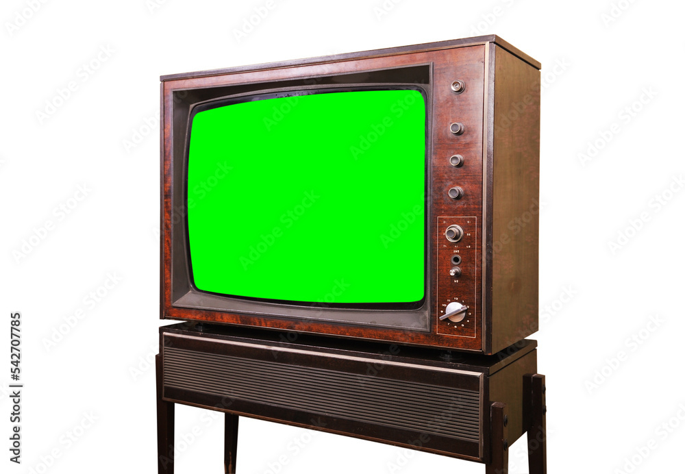 Old vintage TV with green screen isolated on white background. Side ...