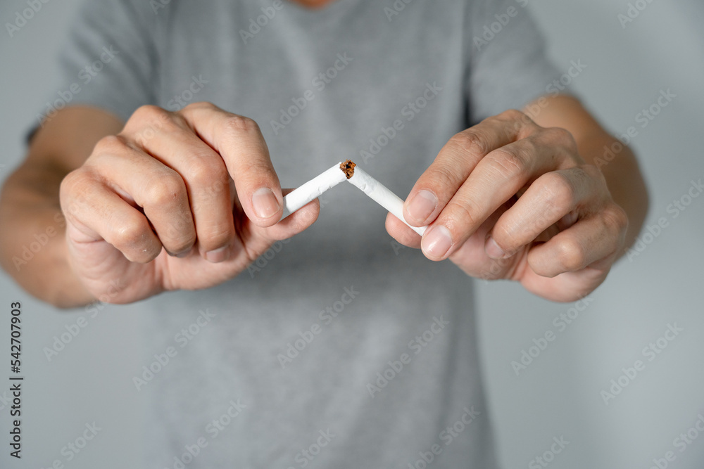 Woman stop smoke, refuse and break take cigarette. wold tobacco day and ...