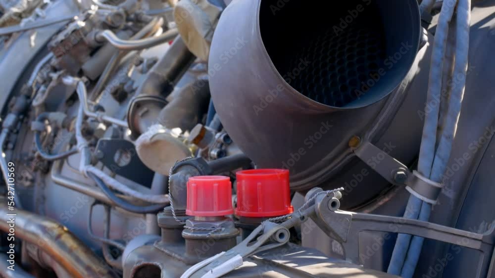 Close-up detail of the jet engine of a combat helicopter of the Soviet ...