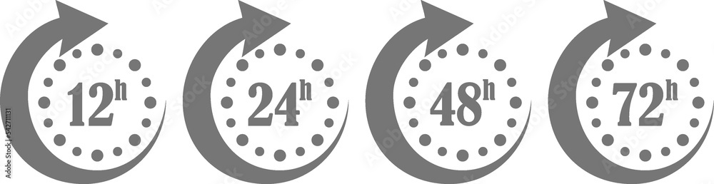 12, 24, 48 and 72 hours clock arrow, delivery service time, work time ...