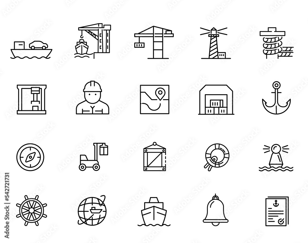 Vecteur Stock Seaport, icon set. Outline set of marine port vector ...