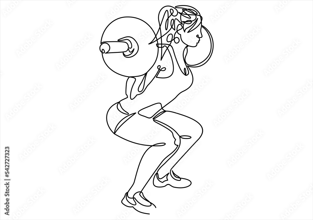 Woman lifting weights continuous one line drawing. Squats with barbell ...