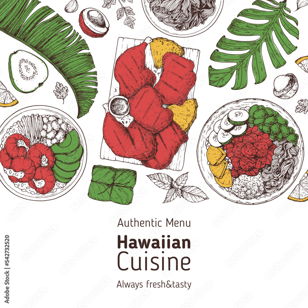 Hawaiian food top view vector illustration. Food menu design template ...