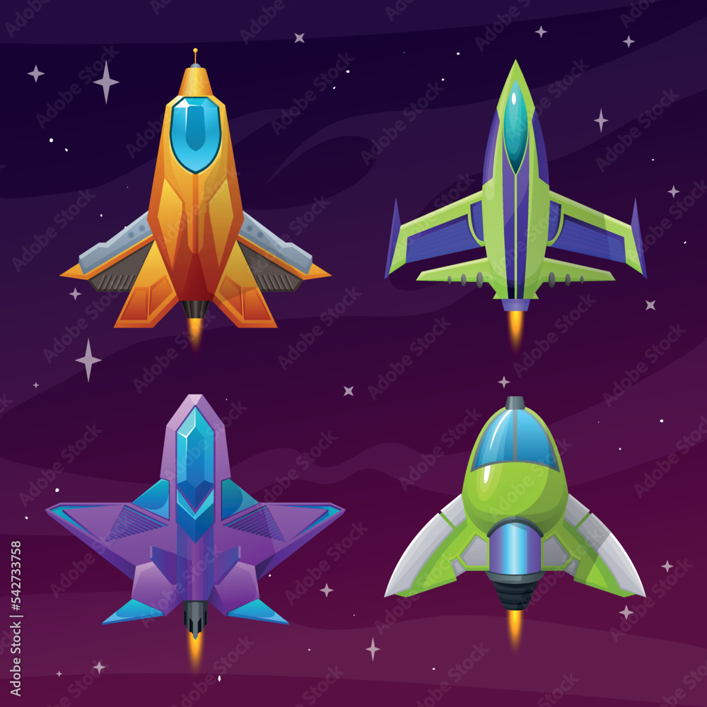 Set of vector cartoon space ships and rockets for arcade games ...