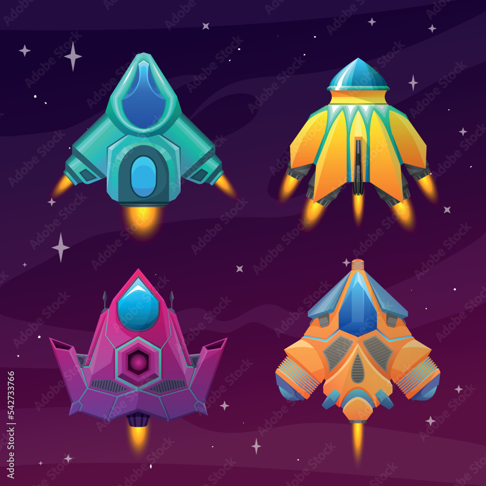 2 d Cartoon galaxy space starships for game, arcade game, shooter game ...