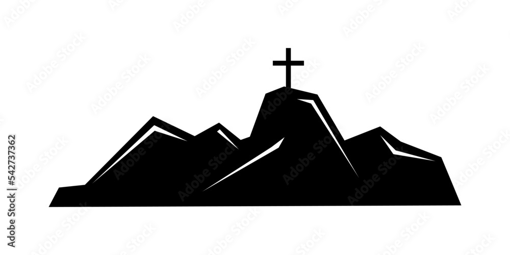 Christian cross on the mountain. Cross on a mountain in black color ...