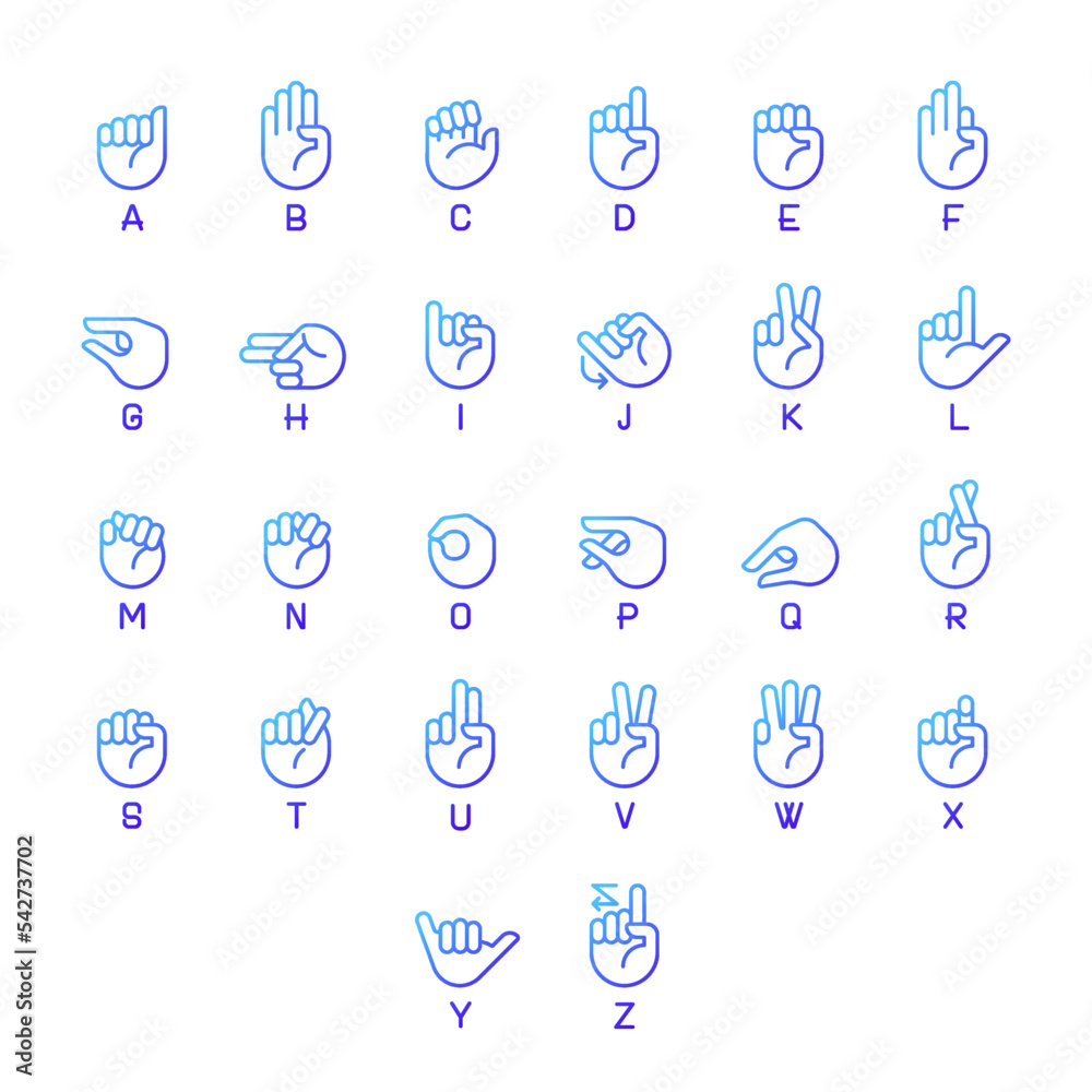Letters in American sign language pixel perfect gradient linear vector ...