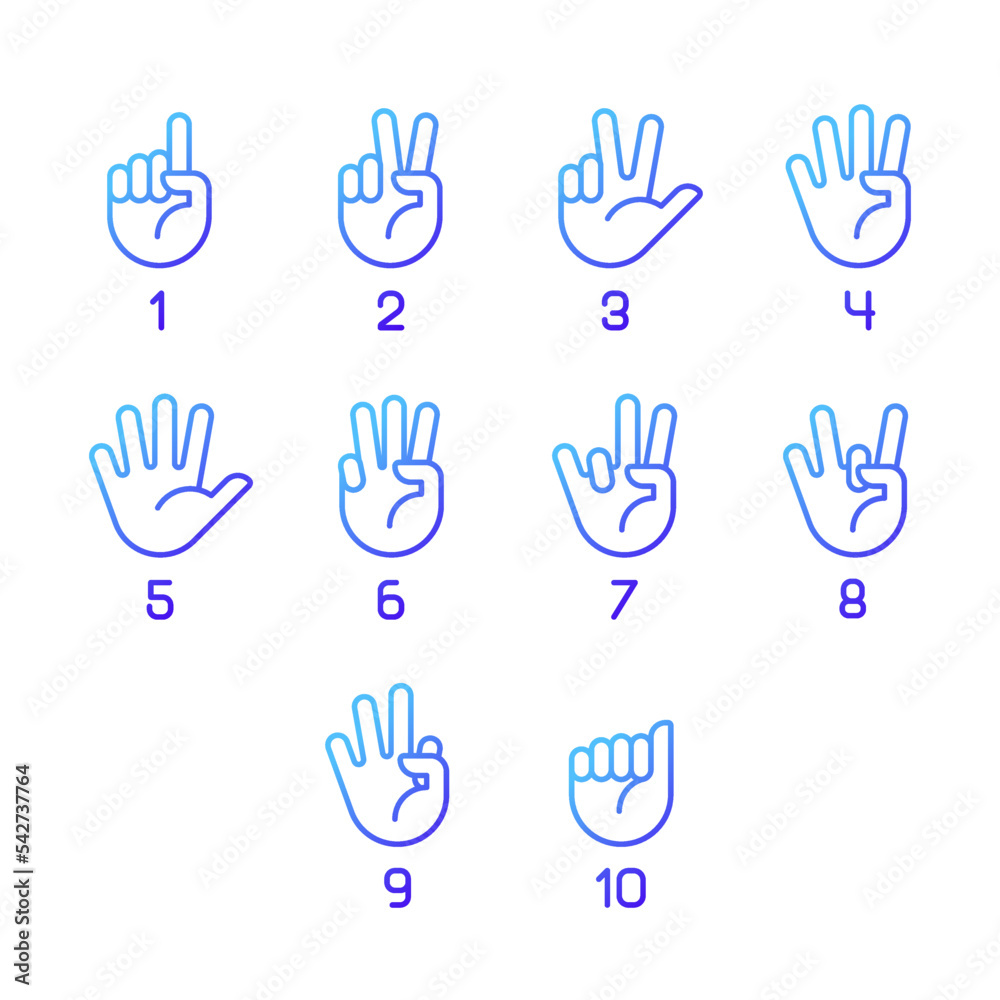Digits in American sign language pixel perfect gradient linear vector ...