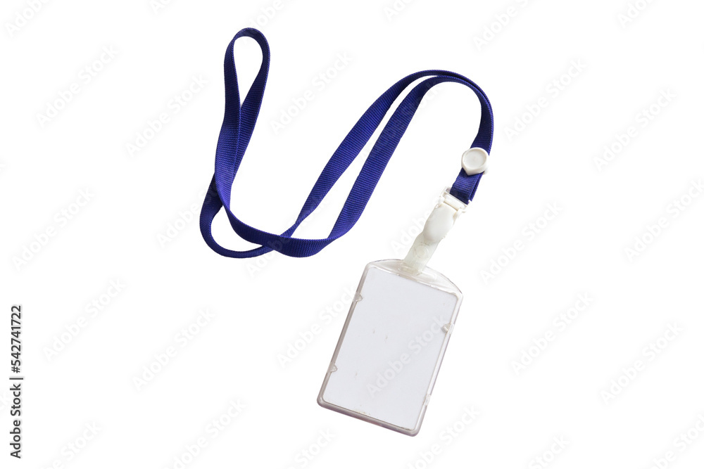Blank security name tag card with blue neck band isolated on white ...