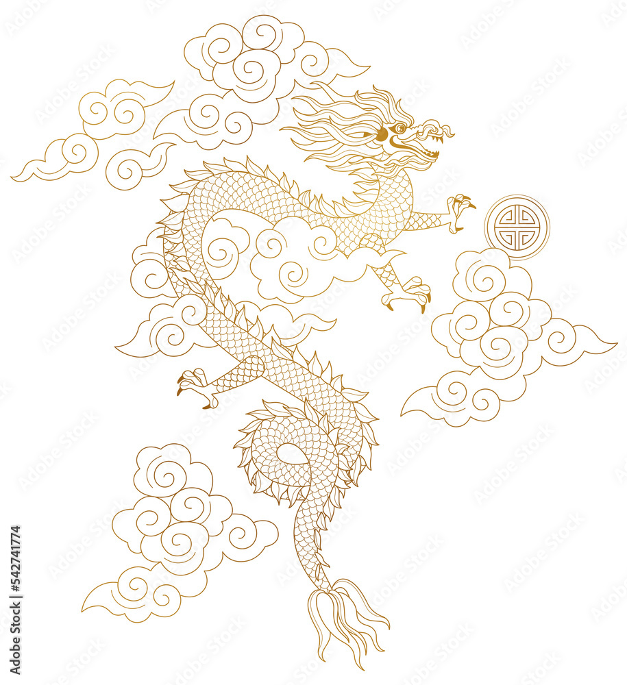 Line art banner with an illustration of a cute Chinese Dragon among ...