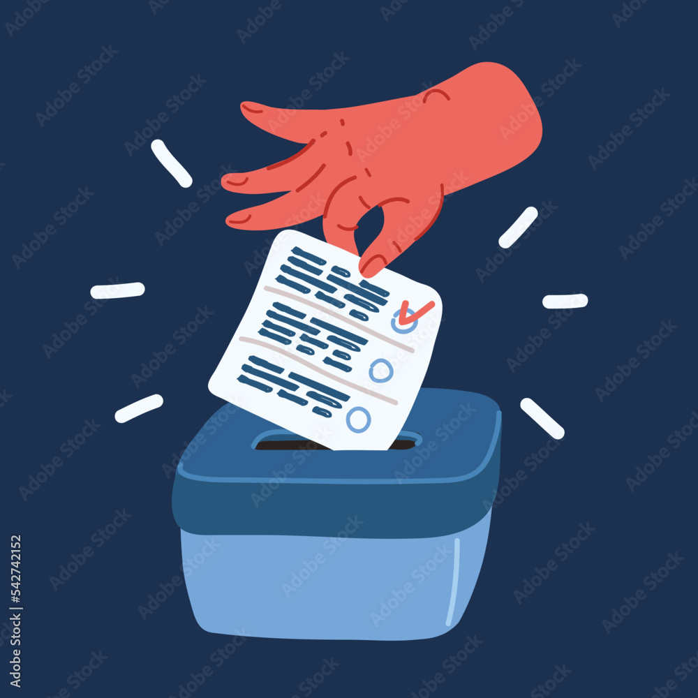 Cartoon vector illustration of Vote ballot box. Hand puts his paper ...