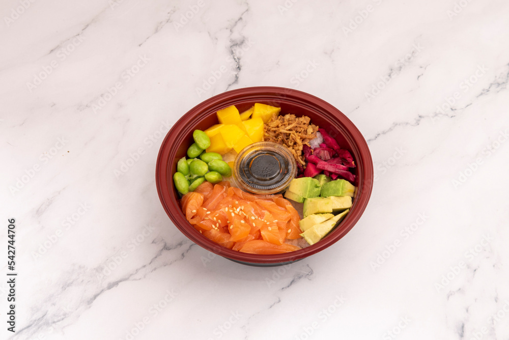 Salmon Poke Bowl, Edamame Beans, Diced Mango, Avocado, Beetroot and ...