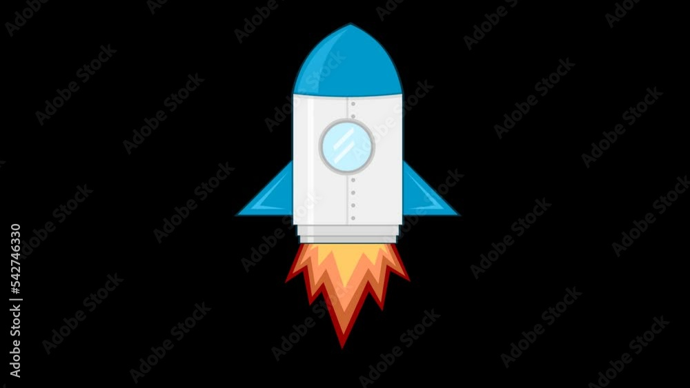 space rocket animation cartoon with flames of fire moving, on a ...