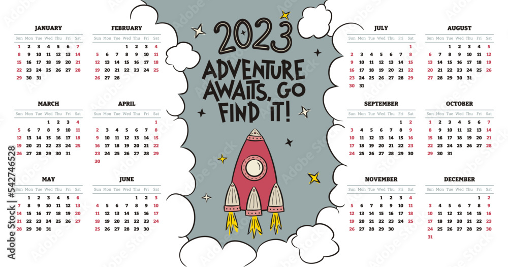 Cartoon Calendar template. 2023 yearly calendar. 12 months yearly ...