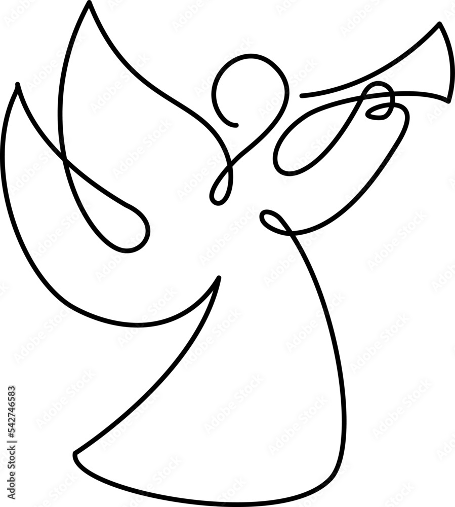 Simple vector Christmas angel with trumpet, continuous line drawing ...