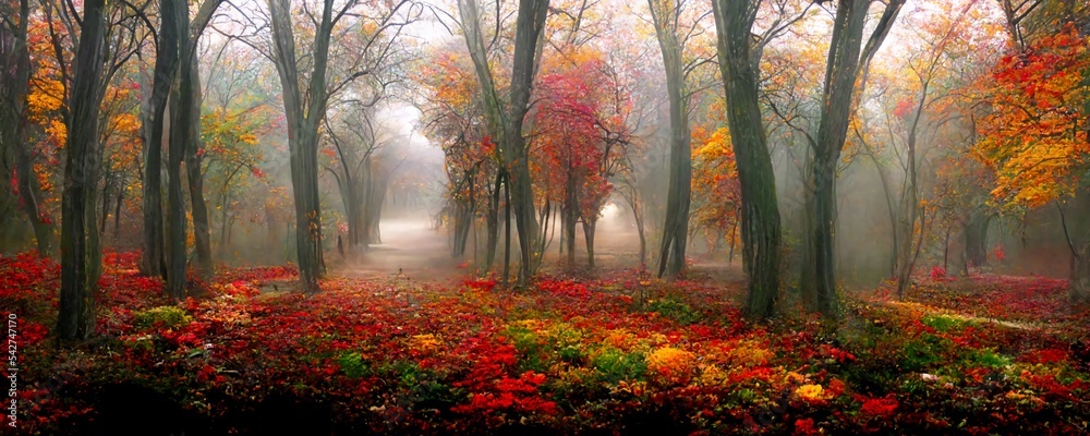 Magical autumn woods with thick fog, fall colours in the park ...
