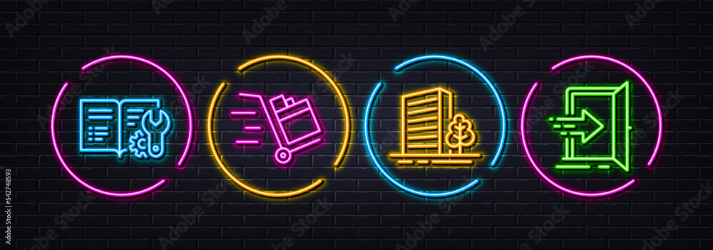 Engineering documentation, Buildings and Push cart minimal line icons. Neon laser 3d lights ...