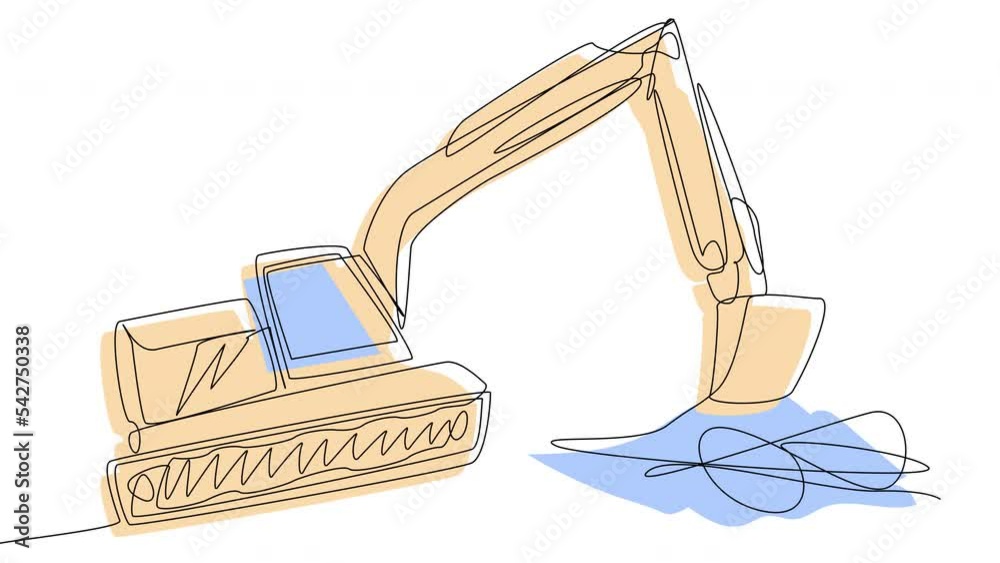 Self-drawing of a digging Excavator in one line on a white screen. The ...