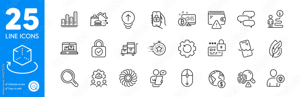 Outline icons set. Graph chart, Bitcoin system and Augmented reality icons. Global business ...